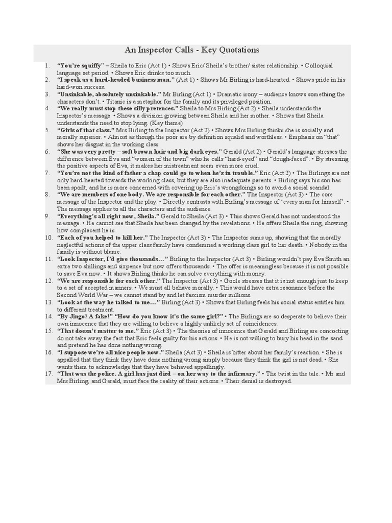 An Inspector Calls - Key Quotes | PDF
