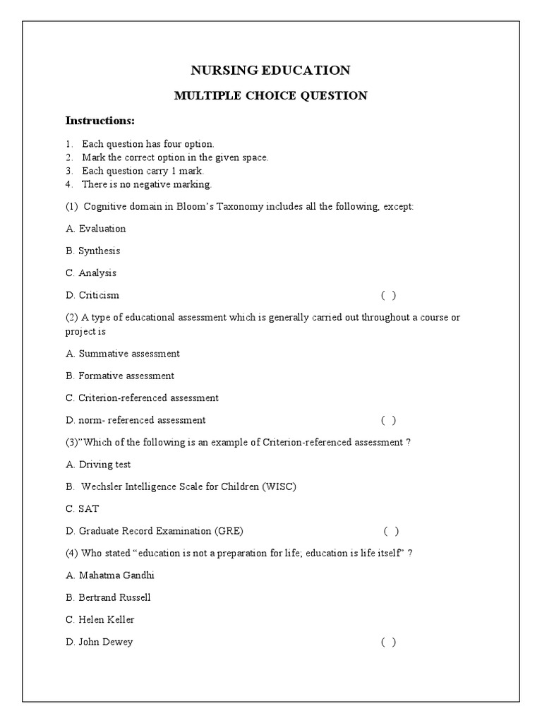 Nursing Education: Multiple Choice Question Instructions | PDF ...