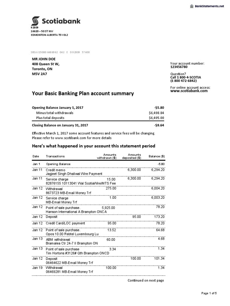 Scotiabank Bank Statement BankStatements | PDF | Fee | Overdraft