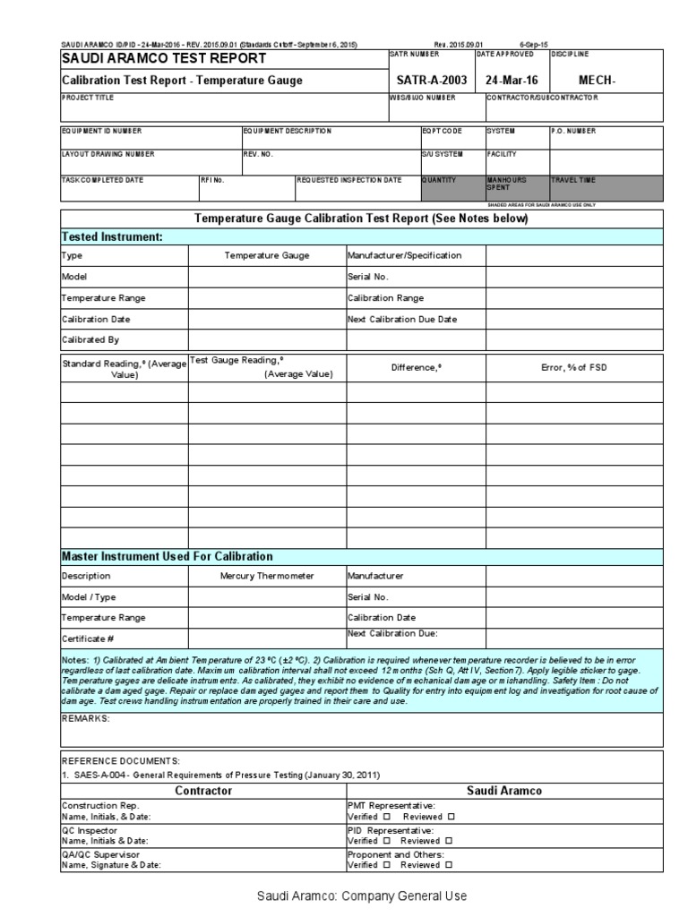 Saudi Aramco Test Report: Calibration Test Report - Temperature Gauge ...