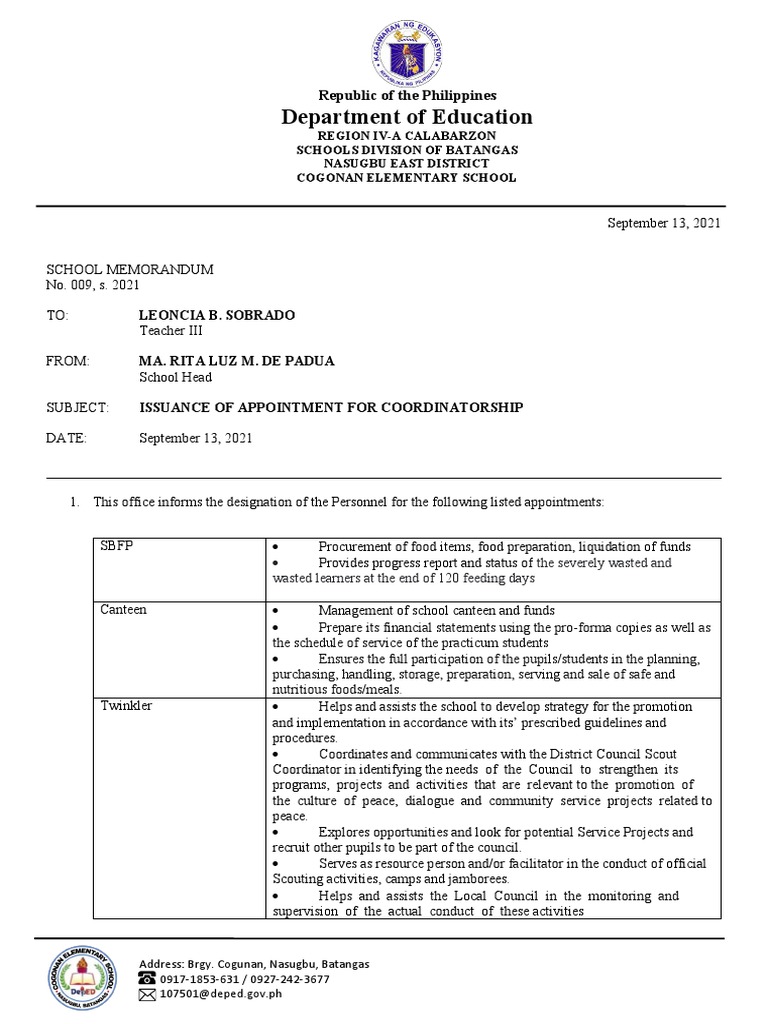MEMORANDUM 009 Issuance of Appointment For Coordinatorship LBS | PDF