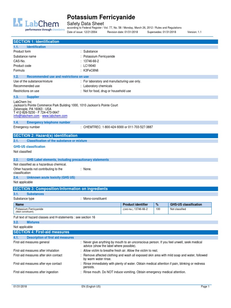 Potassium Ferricyanide Safety Data Sheet | PDF | Toxicity | Firefighting