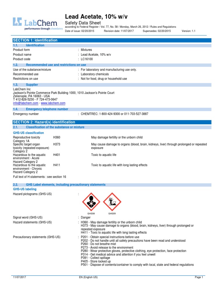 Lead Acetate, 10% W/V: Safety Data Sheet | Download Free PDF | Toxicity ...