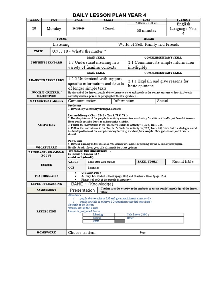 Daily Lesson Plan Year 4 | PDF | Lesson Plan | Vocabulary