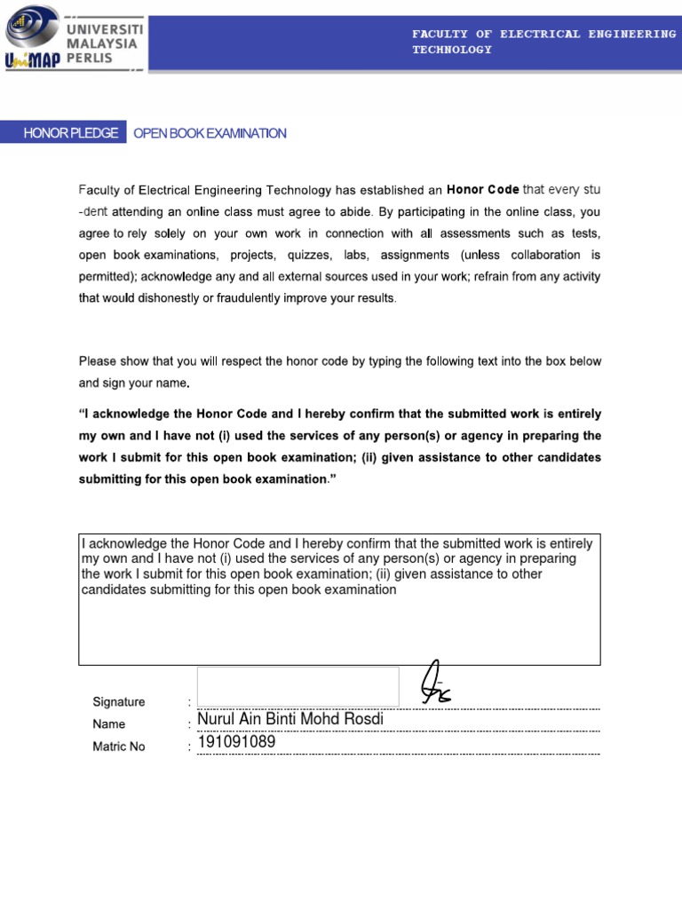 Electrical Engineering Honor Code Acknowledgment | PDF