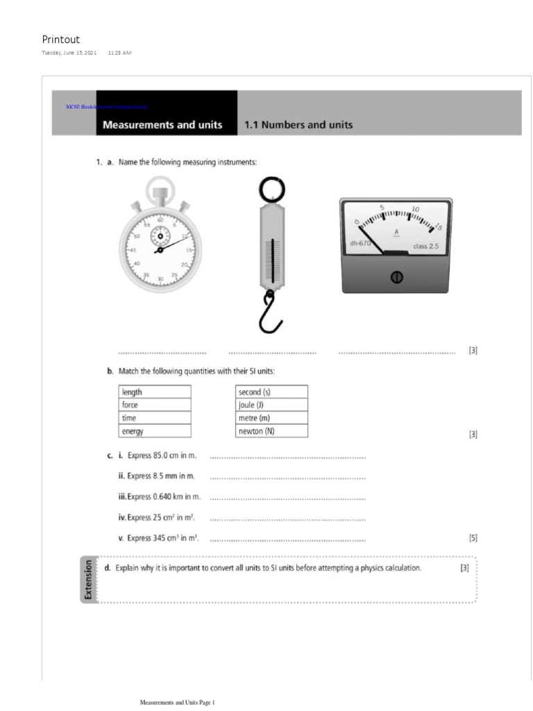 Workbook - CHP 1 - Measurements and Units | PDF