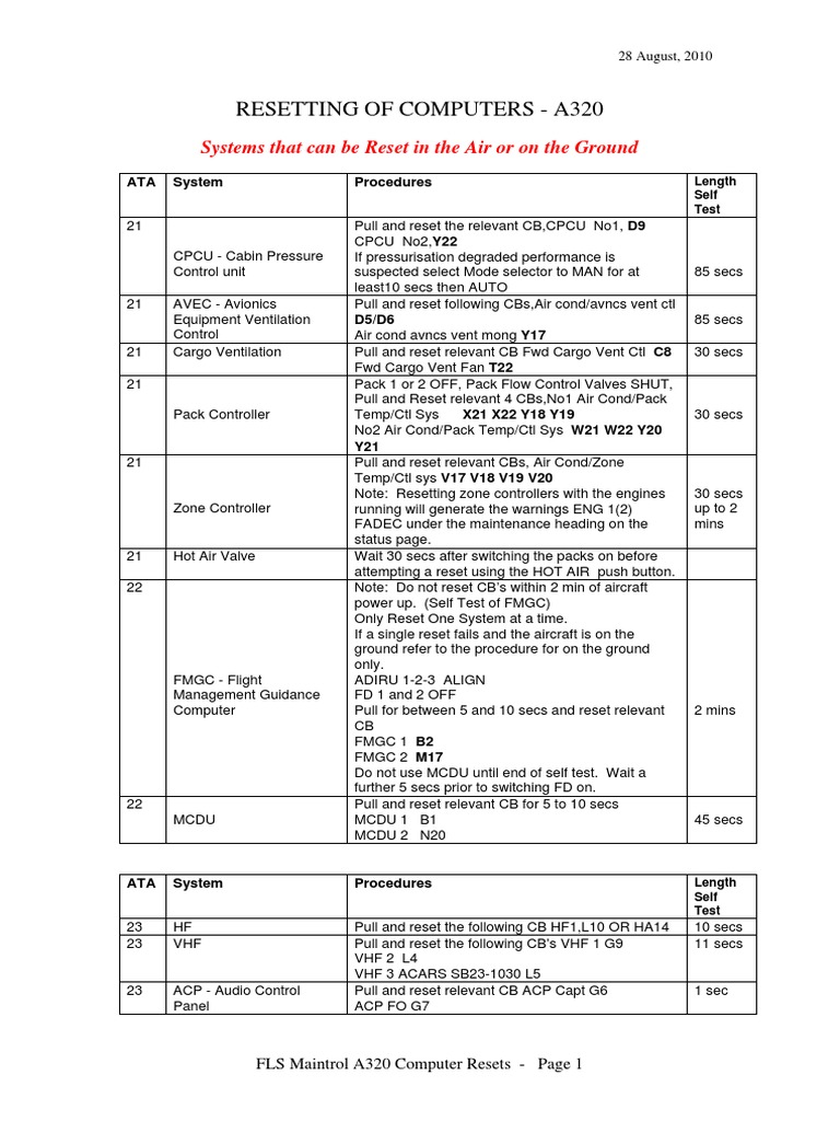 Resetting of Computers - A320: Systems That Can Be Reset in The Air or ...