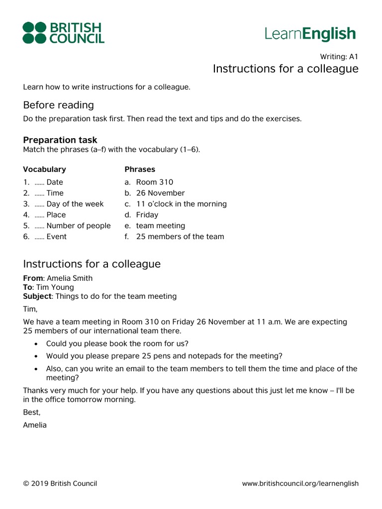 LearnEnglish Writing A1 Instructions For A Colleague | PDF