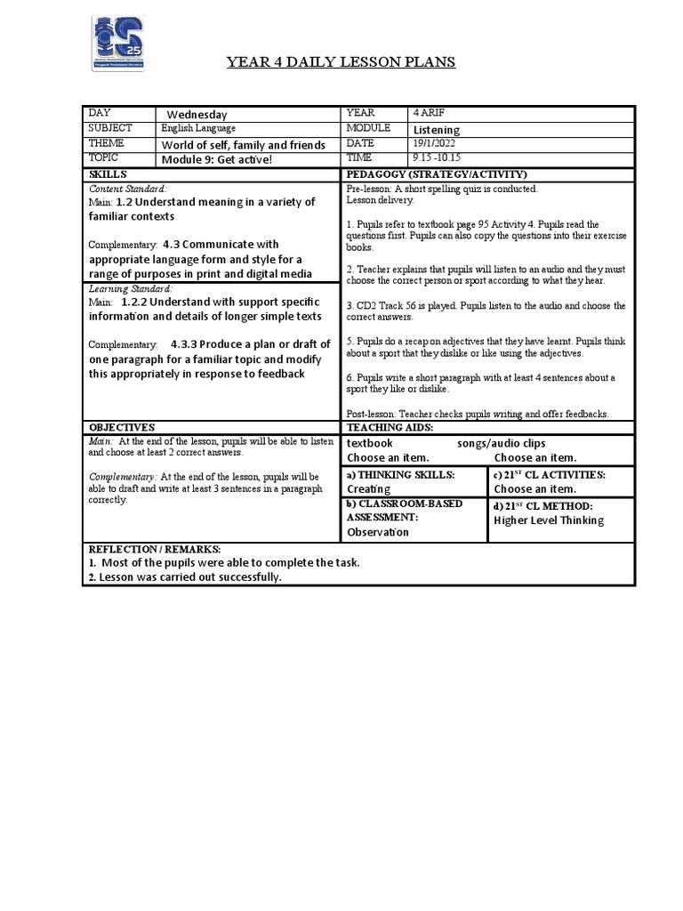 Year 4 Daily Lesson Plans: Skills Pedagogy (Strategy/Activity) | PDF ...