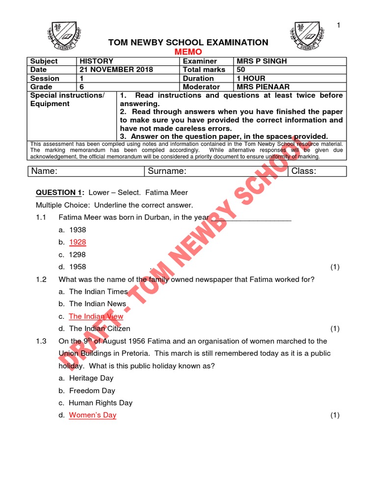 Grade 6 History Memo Nov 2018 Watermark | PDF