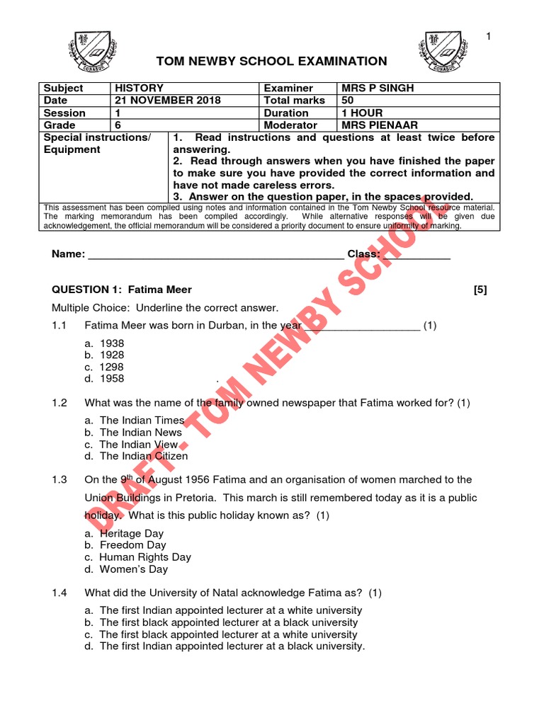 Grade 6 History Exam Nov 2018 Watermark | PDF