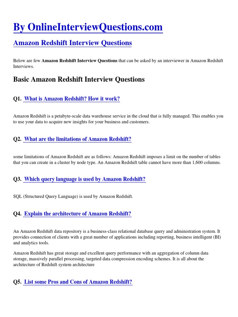 Amazon Redshift Interview Questions | PDF | Databases | Computer Cluster