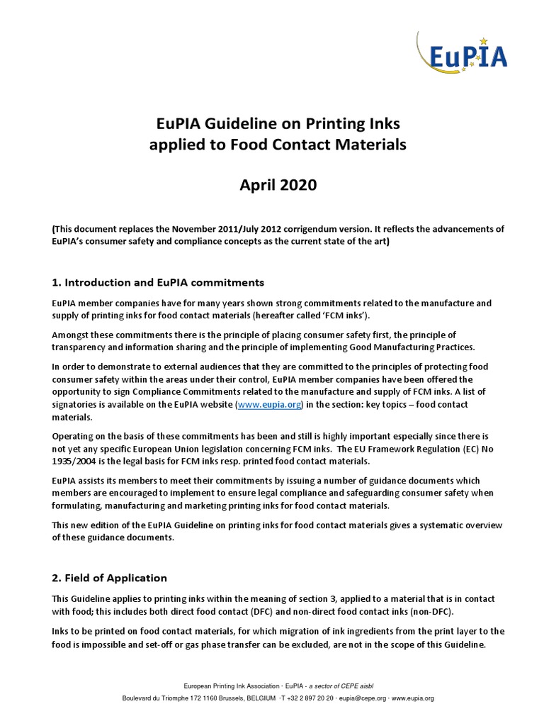 Eupia Guideline On Printing Inks Applied To Food Contact Materials ...