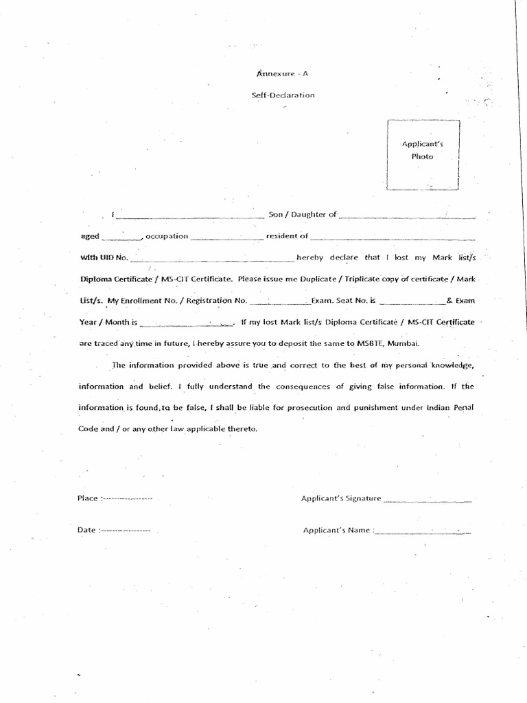 Self Declaration Form - MSBTE | PDF