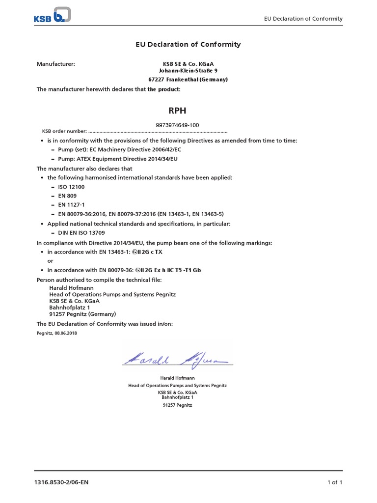 Declaration of Conformity Pump | PDF | Regulation | European Union