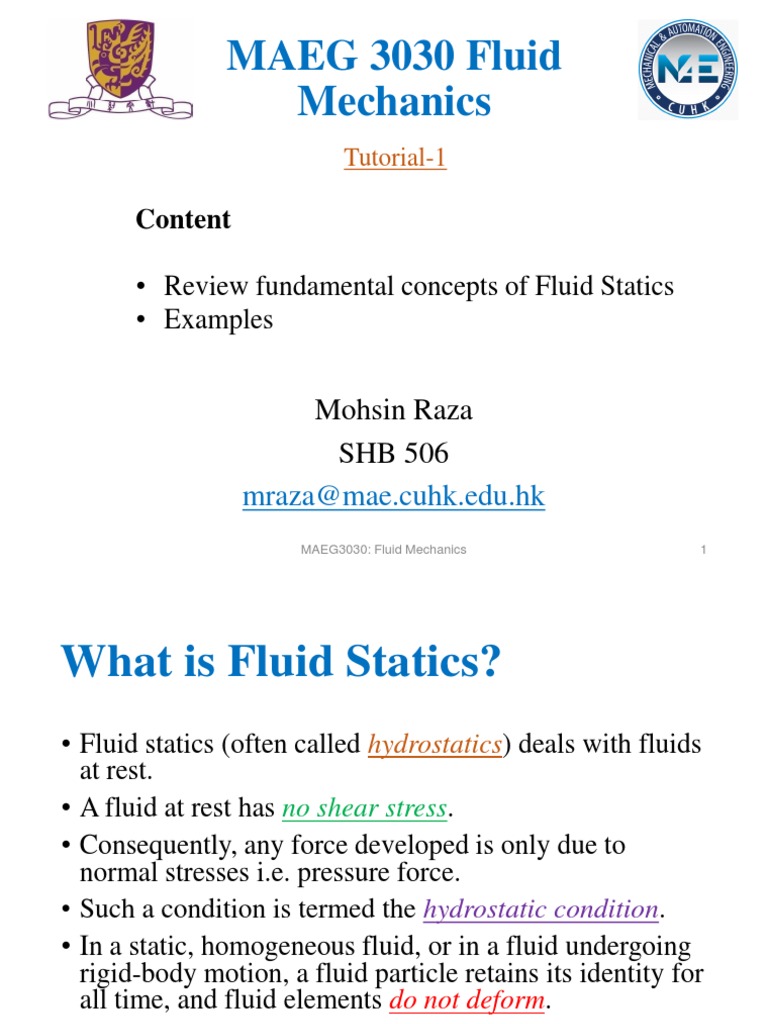 MAEG3030 Fluid Mechanics Tutorial 1 | PDF | Buoyancy | Pressure Measurement