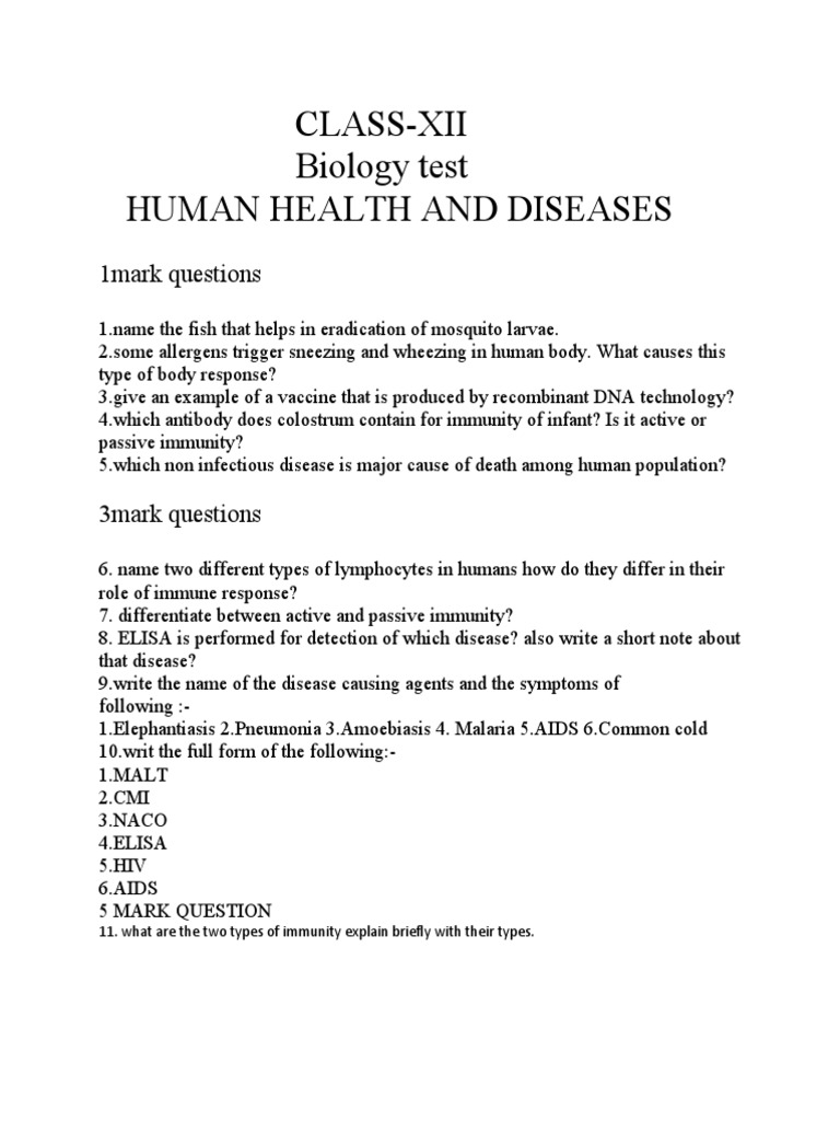 Class-Xii Biology Test Human Health and Diseases: 1mark Questions | PDF ...