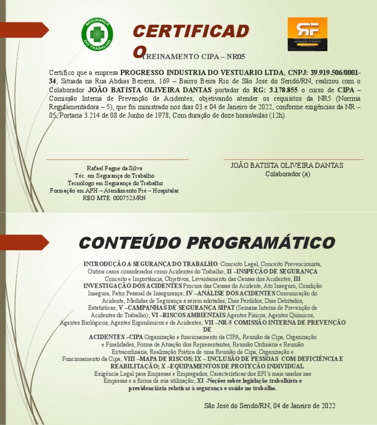 Certificado Cipa 2022 | PDF | Segurança e saúde ocupacional