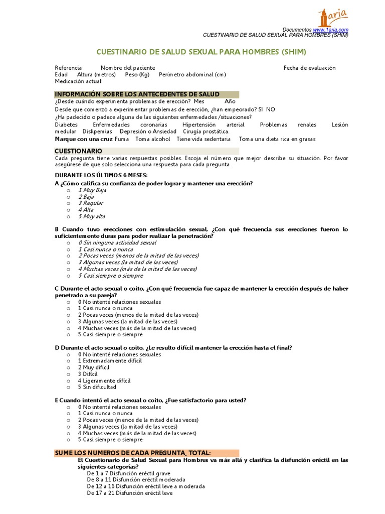 Cuestinario De Salud Sexual Para Hombres Pdf Disfunción Eréctil