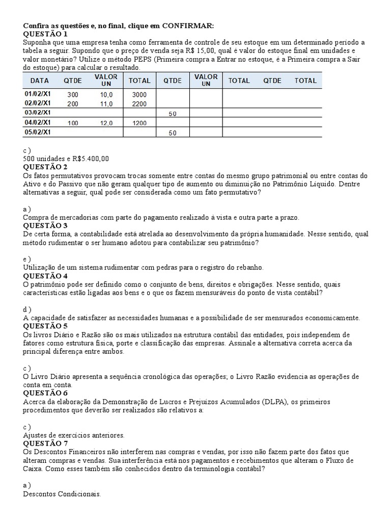 Questões de Contabilidade e Estoque PEPS | PDF | Contabilidade | Economias