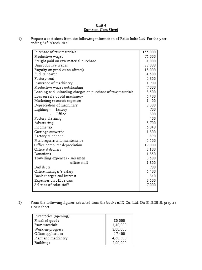 Cost Sheet Preparation Guide | PDF | Expense | Taxes