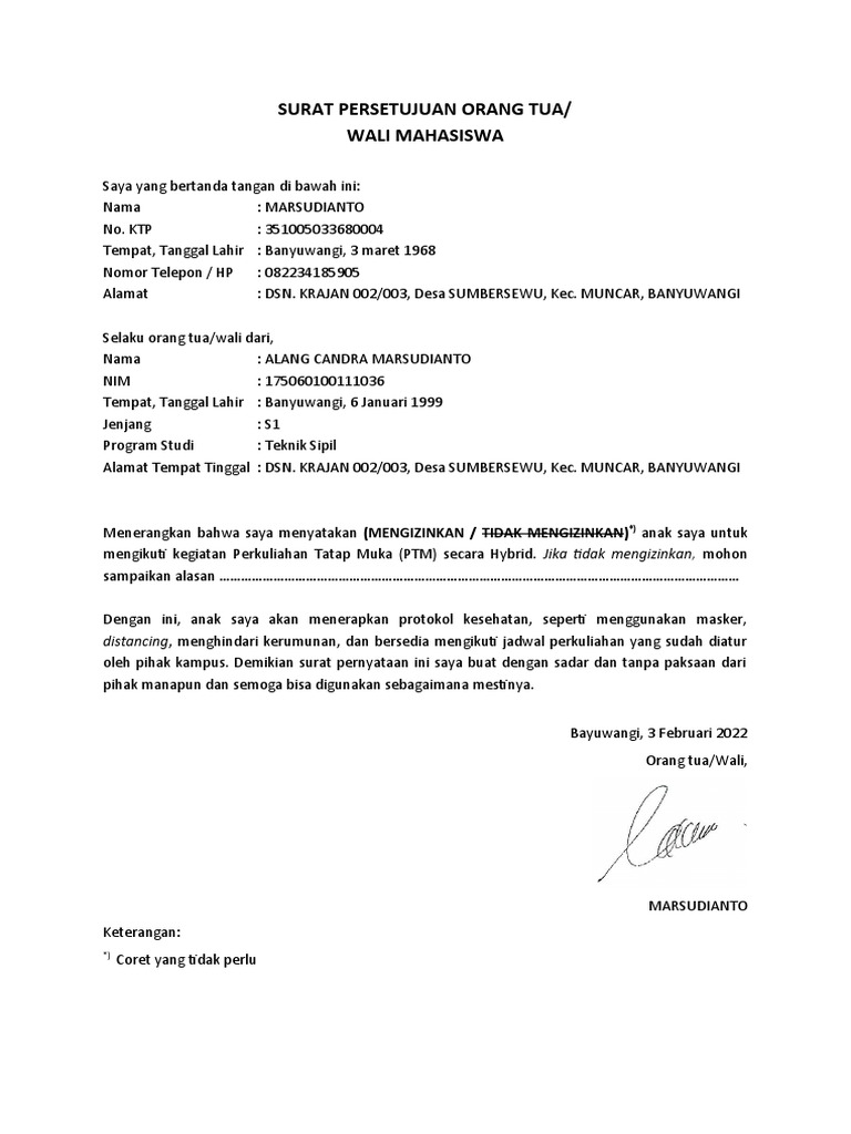 Surat Persetujuan Ortu Wali Kuliah Hybrid | PDF