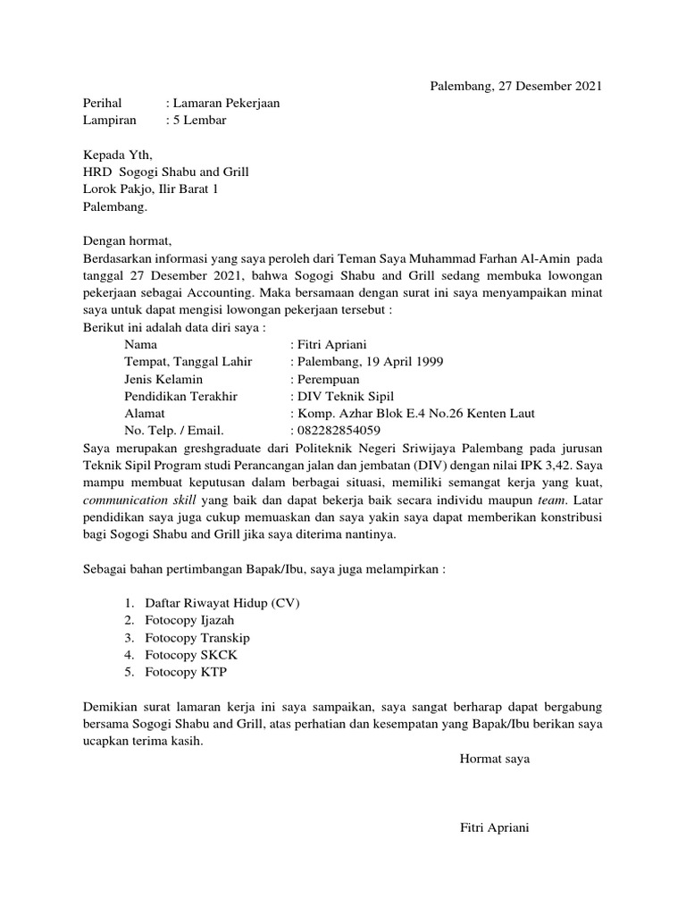 Surat Lamaran - Fitri Apriani | PDF