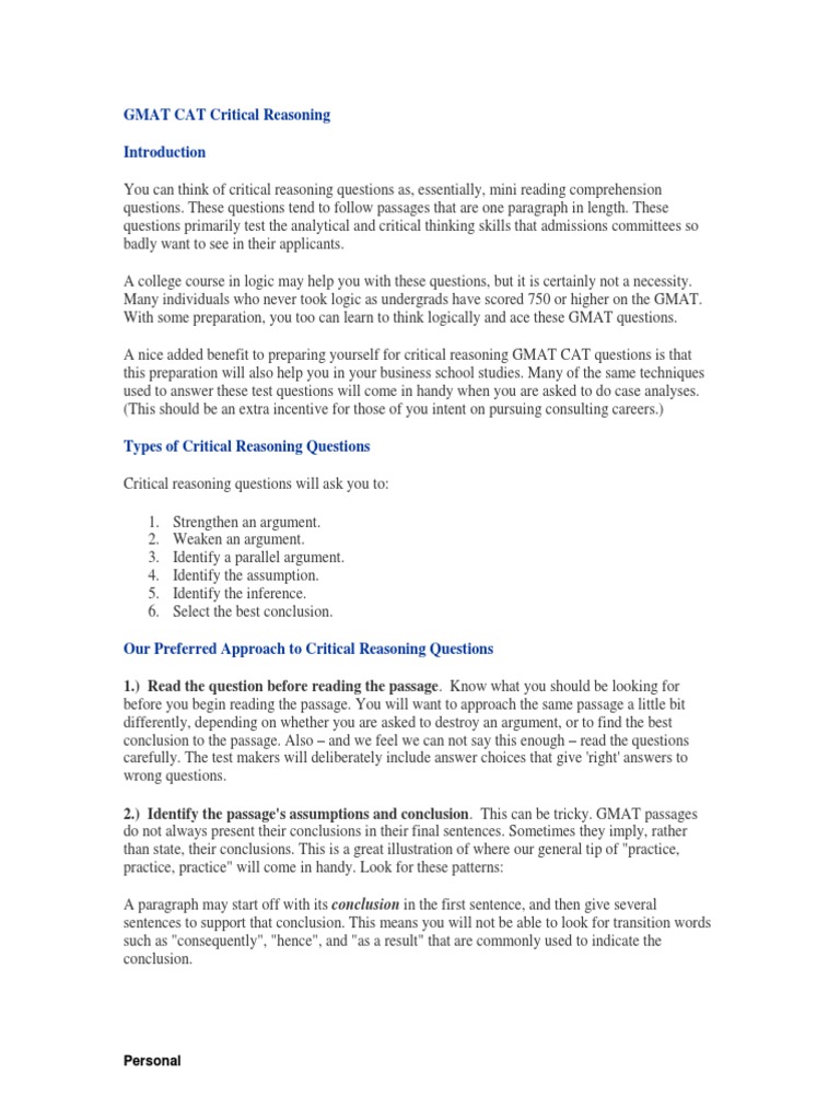 GMAT CAT Critical Reasoning | PDF | Argument | Logical Consequence