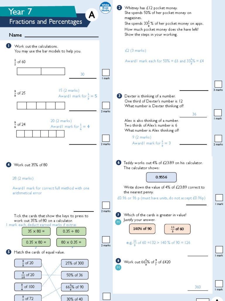 WRM Y7 Spring b3 Fractions Percentages of Amounts Assessment Answers A ...