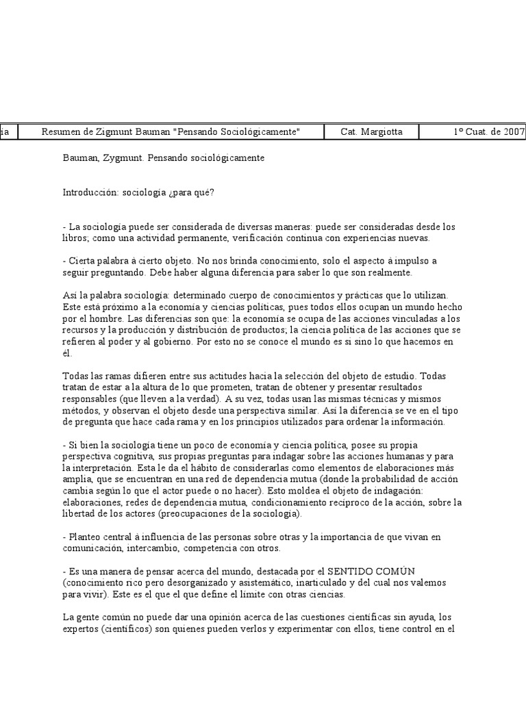 Bauman, Zygmunt - Pensando Sociologicamente | PDF | Sociología ...