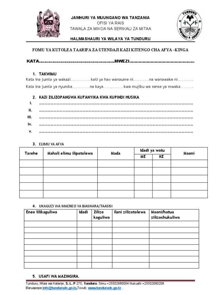 Fomu Ya Taarifa Mwezi Afisa Afya | PDF