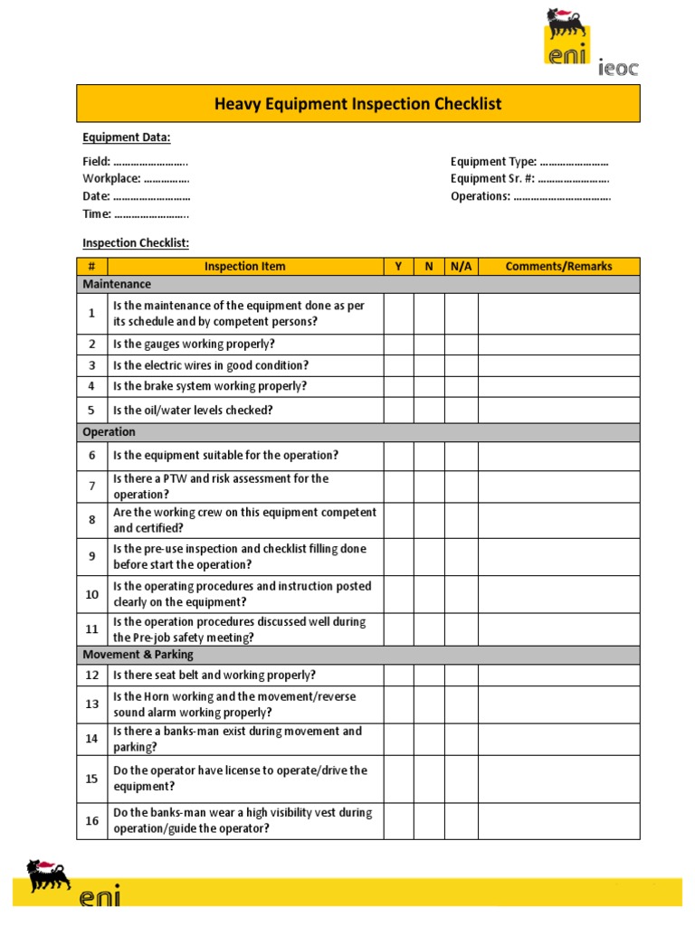 Heavy Equipment Inspection Checklist | PDF | Business | Technology ...