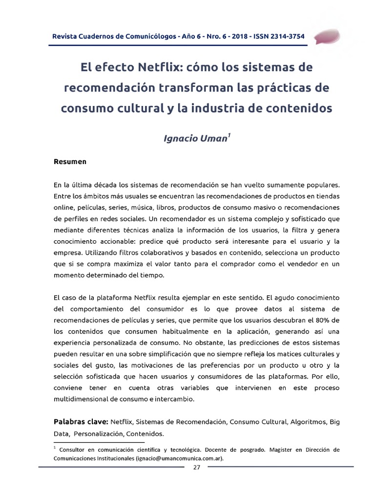 El Efecto Netflix: Cómo Los Sistemas de Recomendación Transforman Las Prácticas de Consumo ...