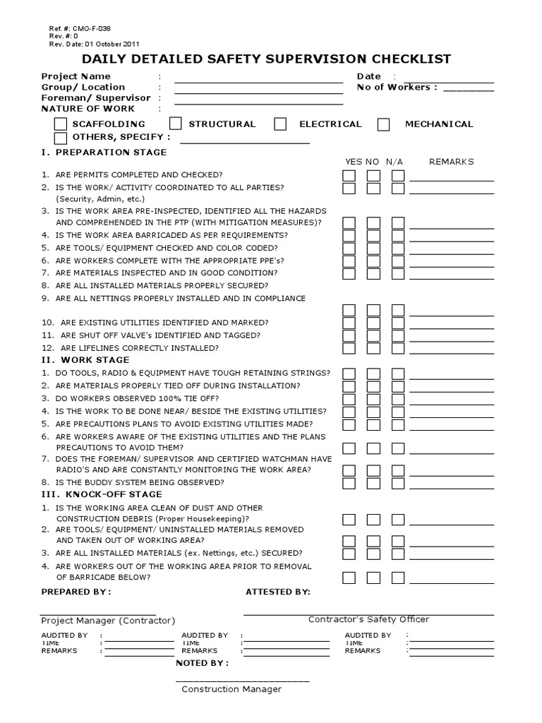 (CMO-F-038) Daily Detailed Safety Supervision Checklist | PDF ...