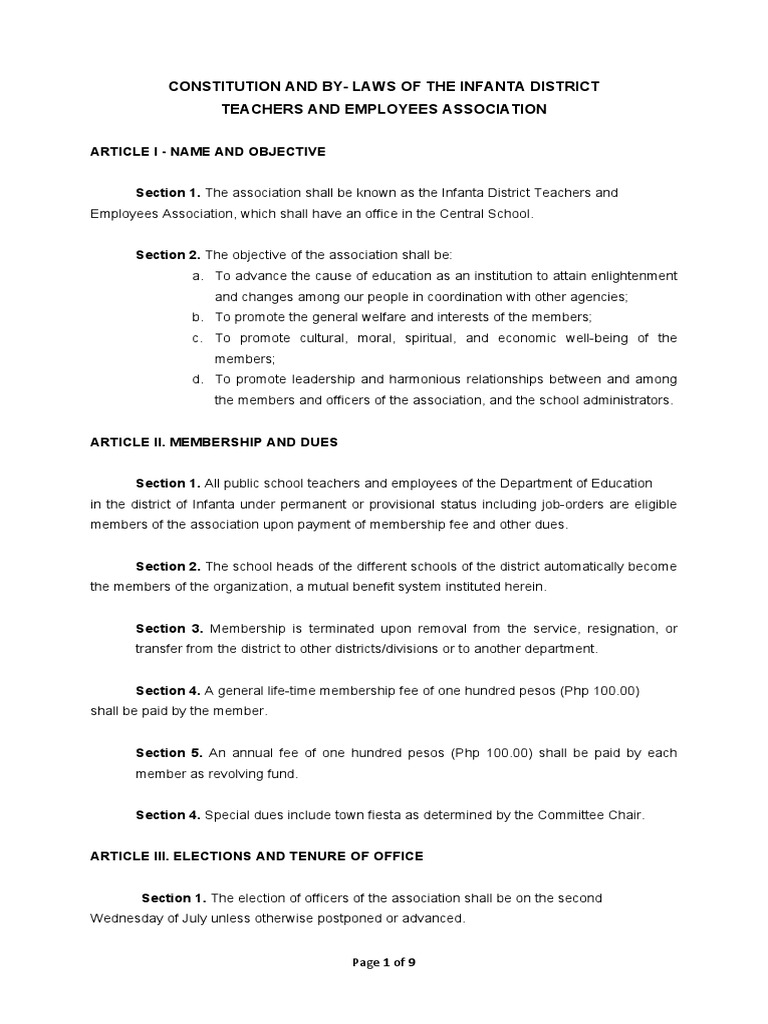 Constitution and By-Laws of The Infanta District Teachers and Employees ...