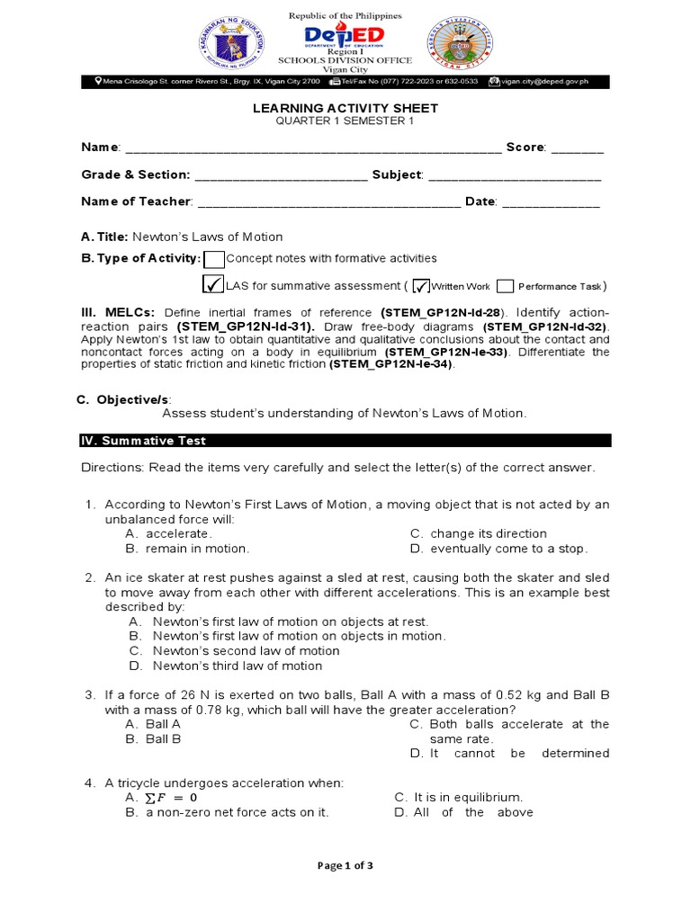 GENERAL PHYSICS 1 GRADE 12 Q1 Summative Test 1 4 | PDF | Force | Newton ...