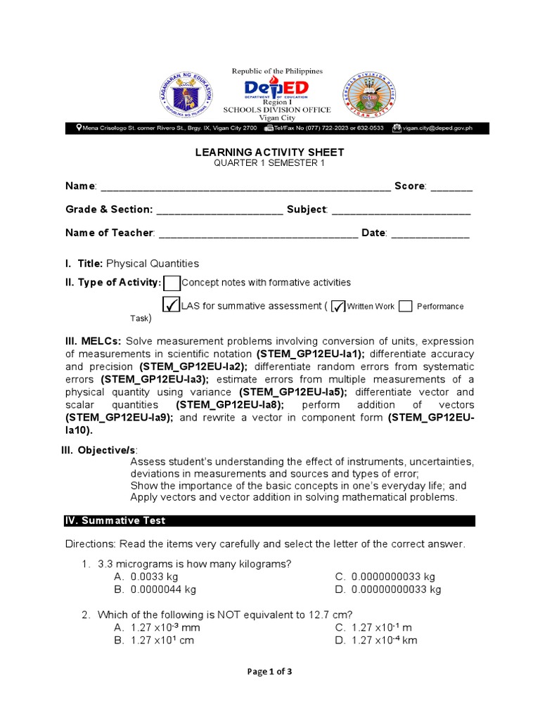 General Physics 1 Grade 12 q1 Summative Test 1 1 Editted | PDF ...