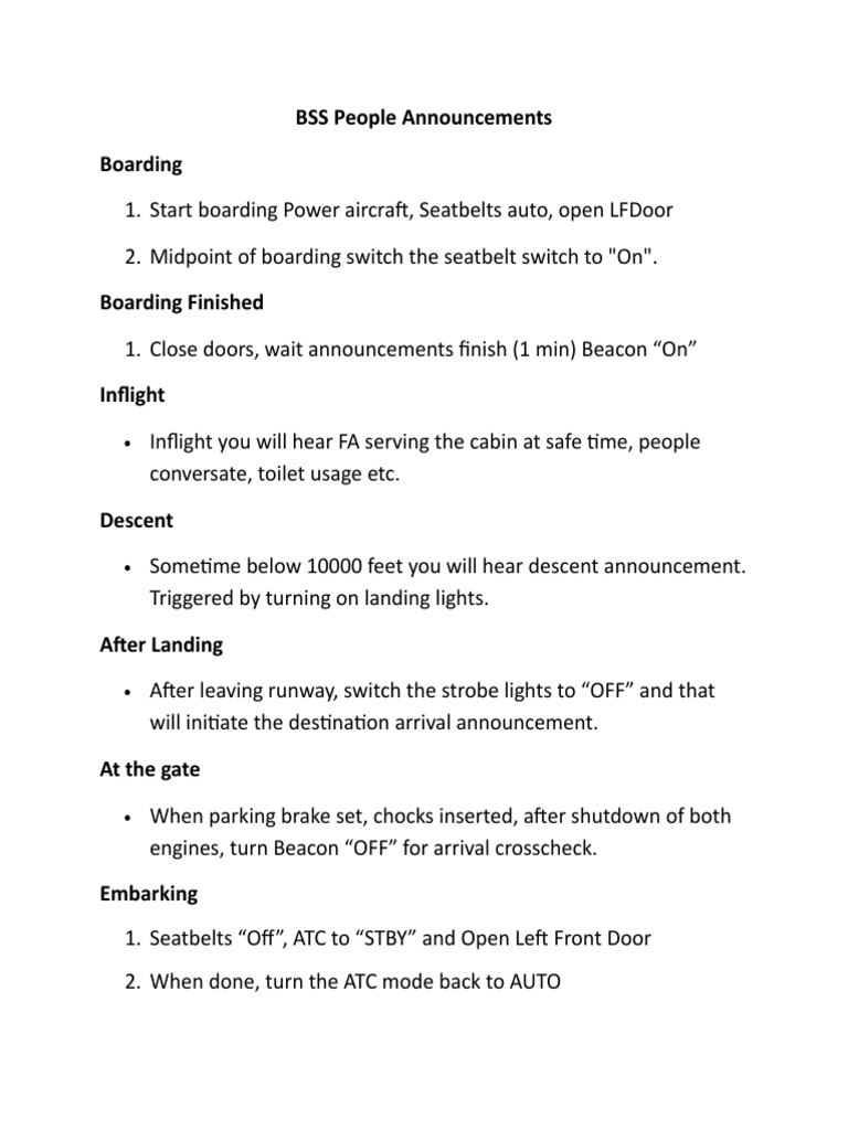 Flight Attendant Announcements Cheat Sheet | PDF