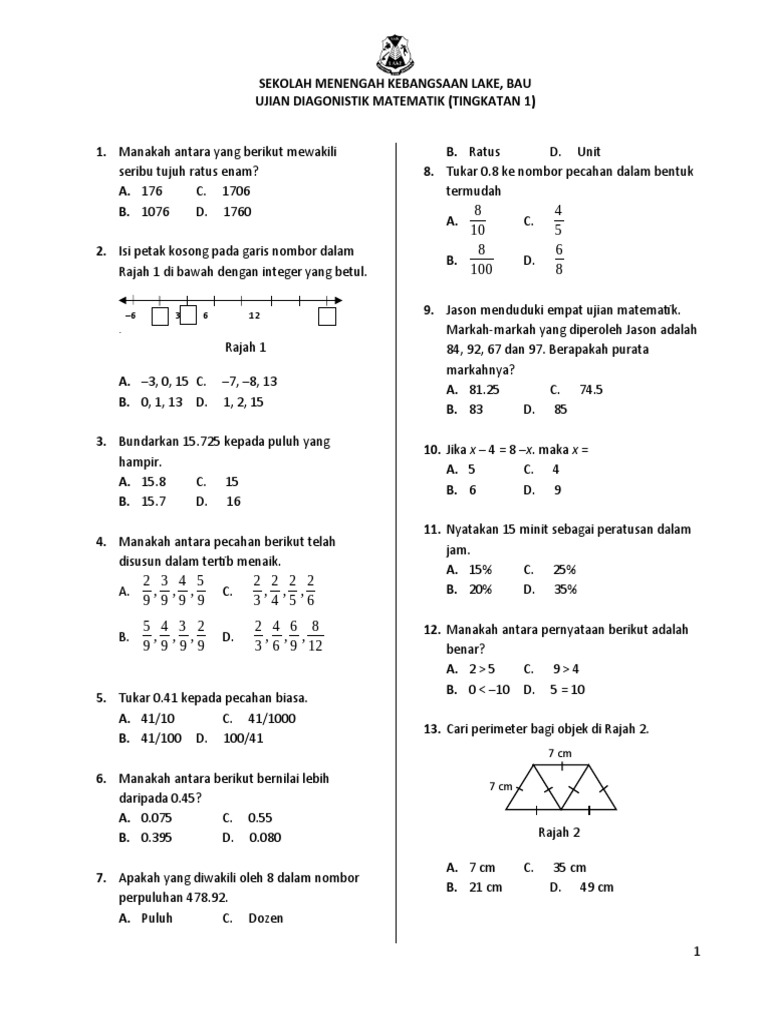 Mathematics F1 Diagnostic Test | PDF