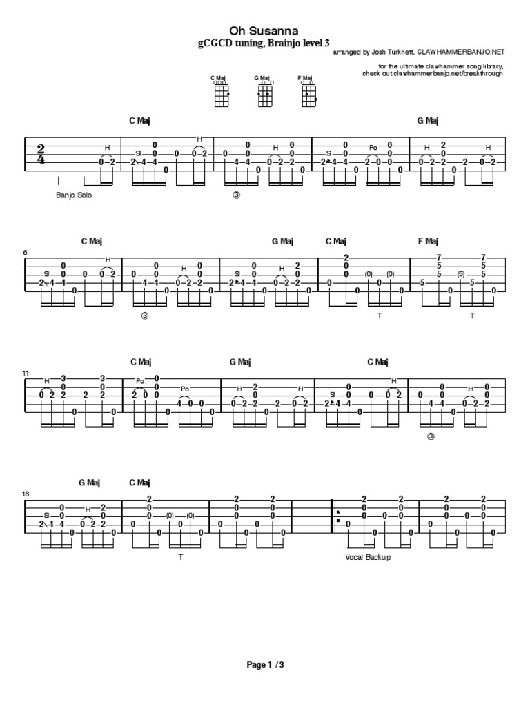 Oh Susanna Clawhammer Banjo Tab | PDF | Songs | Stephen Foster