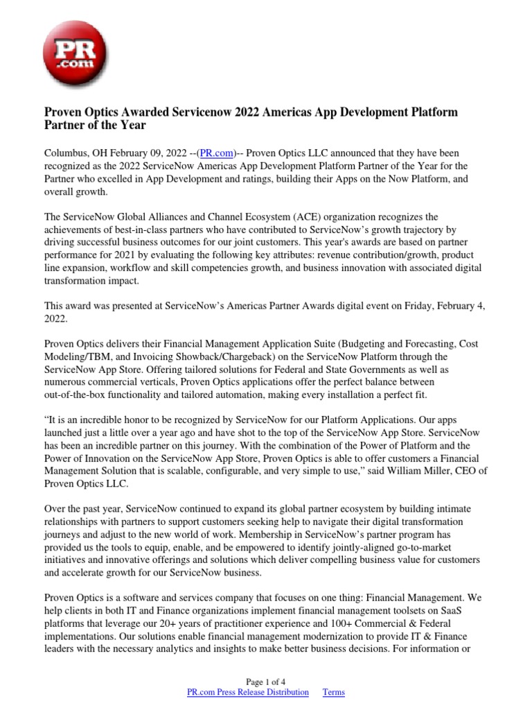 Proven Optics Awarded Servicenow 2022 Americas App Development Platform ...