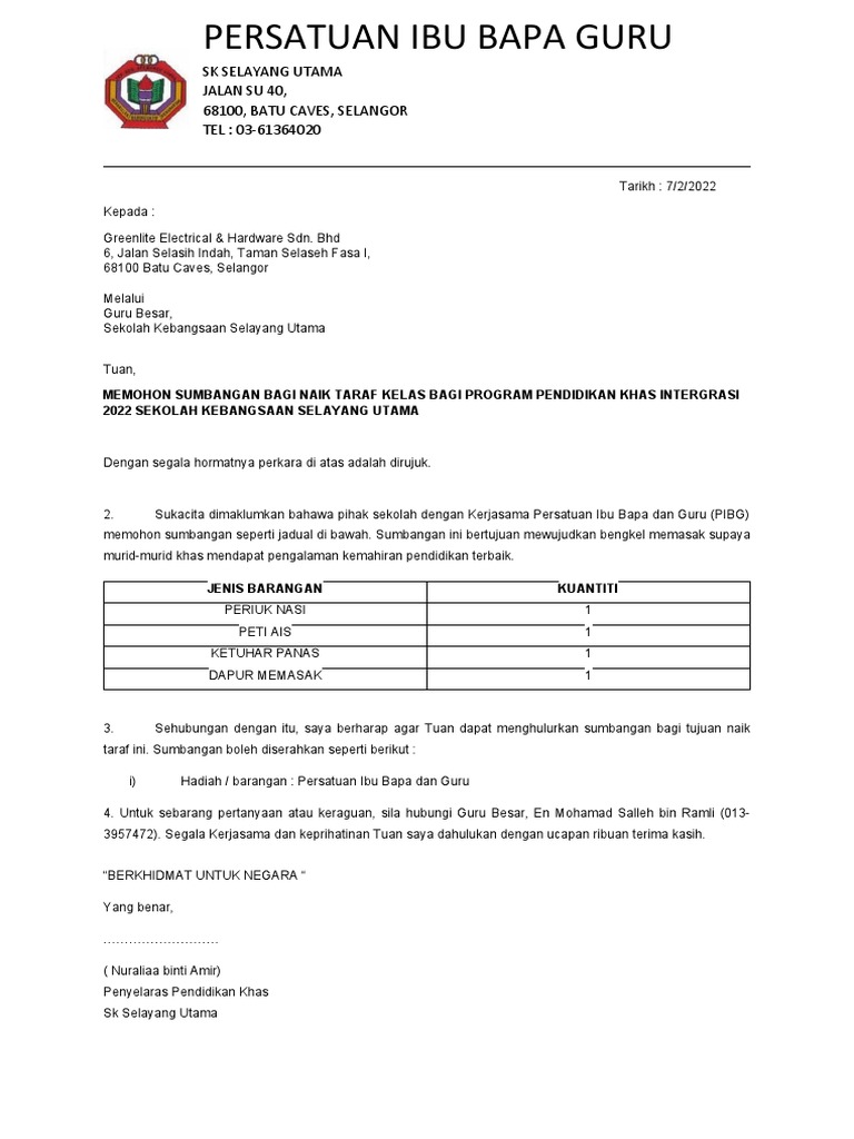 Surat Minta Sumbangan Letterhead Pibg Barang Keperluan Syarikat Luar | PDF
