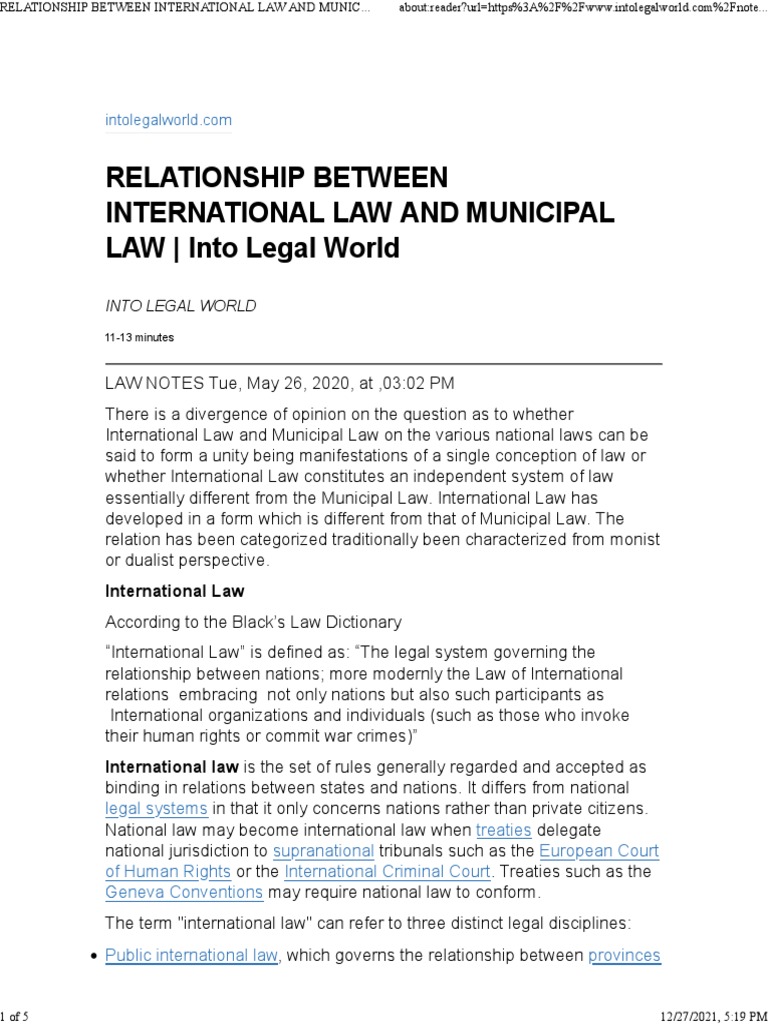 Relationship Between International Law and Municipal Law Into Legal World | PDF | International ...