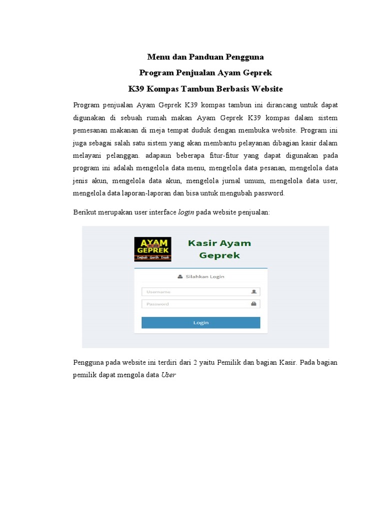 Panduan Pengguna Ayam Geprek K39 | PDF