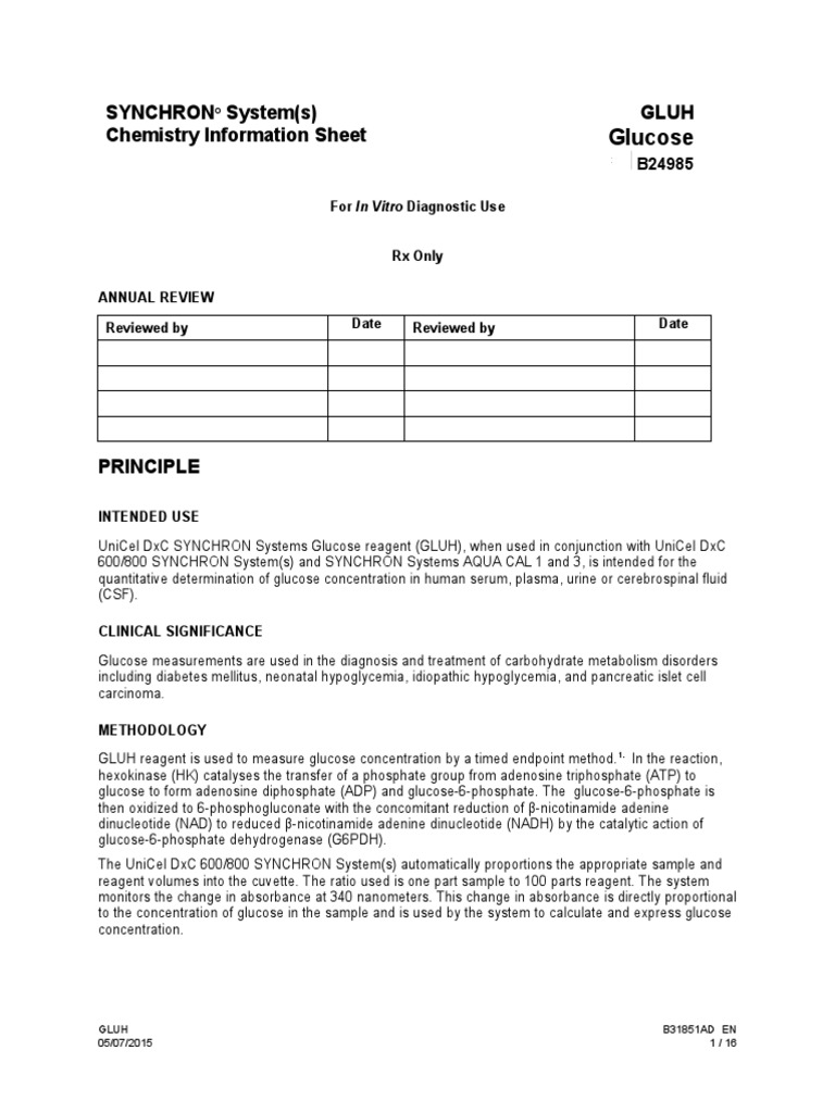 Synchron System(s) Chemistry Information Sheet Gluh: Glucose | PDF | Detection Limit | Blood Plasma