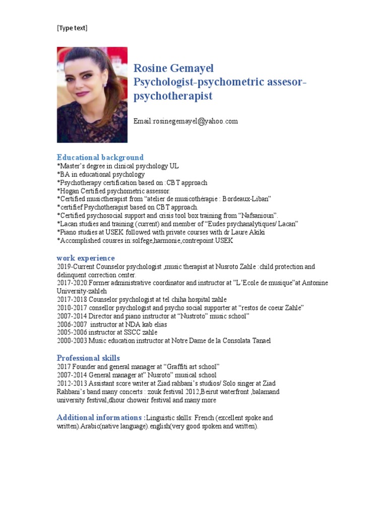 Rosine Gemayel Psychologist - Psychometric Assesor-Psychotherapist | PDF | Foreign Language ...