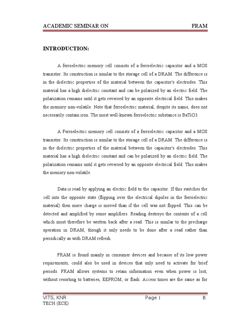 Ferroelectric RAM FRAM Seminar Report | PDF | Random Access Memory | Dynamic Random Access Memory