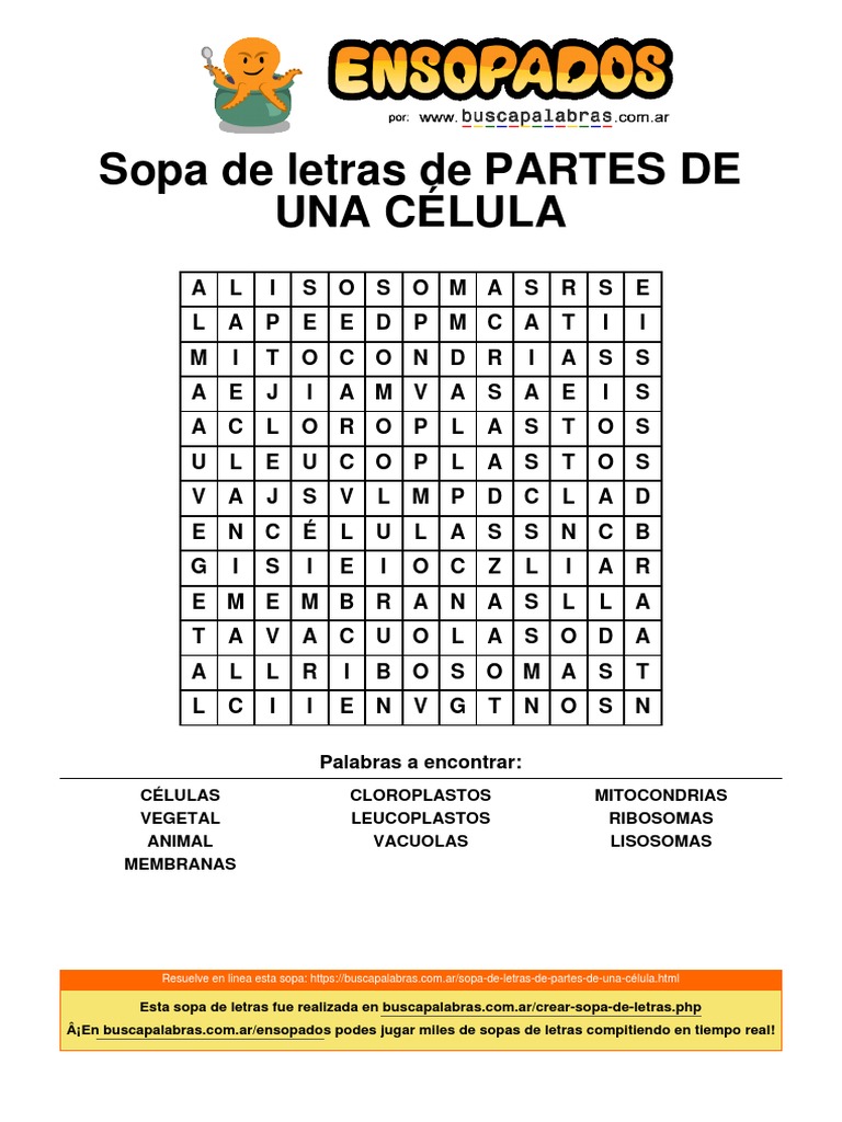 Sopa de letras: Partes de la célula | PDF