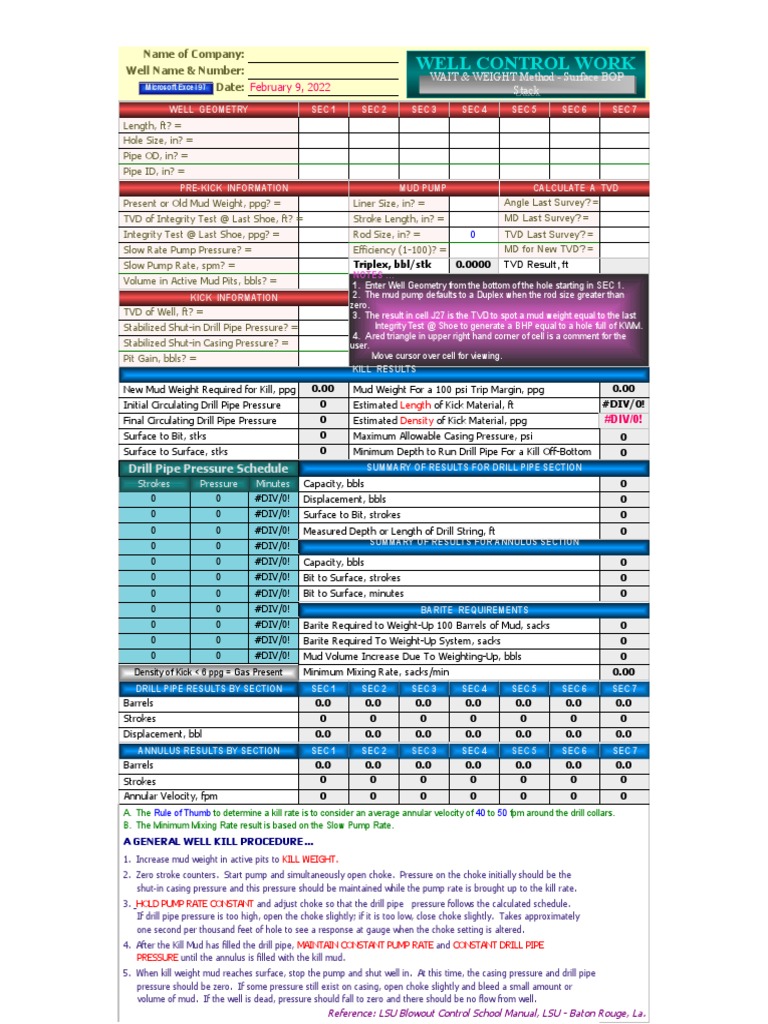 Wait and Weight Method - Surface BOP Well Control Worksheet ...