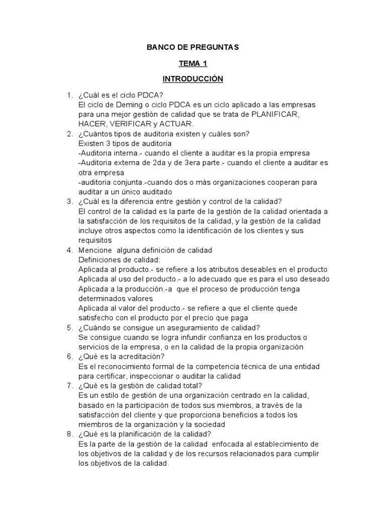 Banco de Preguntas Completo | PDF | Calidad (comercial) | Gestión de la calidad